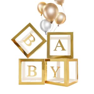 onteftshop baby boxes with letters for baby shower, 4 clear baby block party decorations, transparent balloon boxes for gender reveal decorations and birthday party (gold)