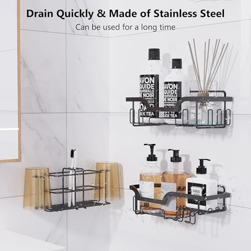 Honsdom Shower Caddy 3 Pack, Adhesive Shower Organizer, No Drilling, Rustproof Shower Rack with Hooks & Cup Holder & Toothbrush Holder, Shower Shelf for Bathroom Shower Storage Organizer (Black)