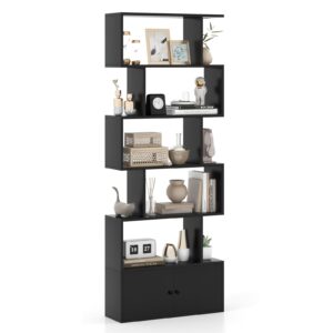 giantex 6-tier bookshelf with cabinet, freestanding tall bookcase w/anti-tipping device, home storage organizer, geometric s-shaped display shelf for study room, bedroom, living room, office, black