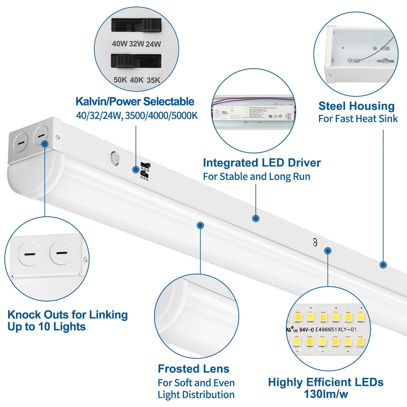 DAKASON 4FT LED Linear Light Fixture, 4 Foot LED Shop Lights 40/32/24W 35/40/5000K CCT Selectable, 4Feet Commercial Bay Lighting Fluorescent Tube Replacement for Office Garage 4 Pack