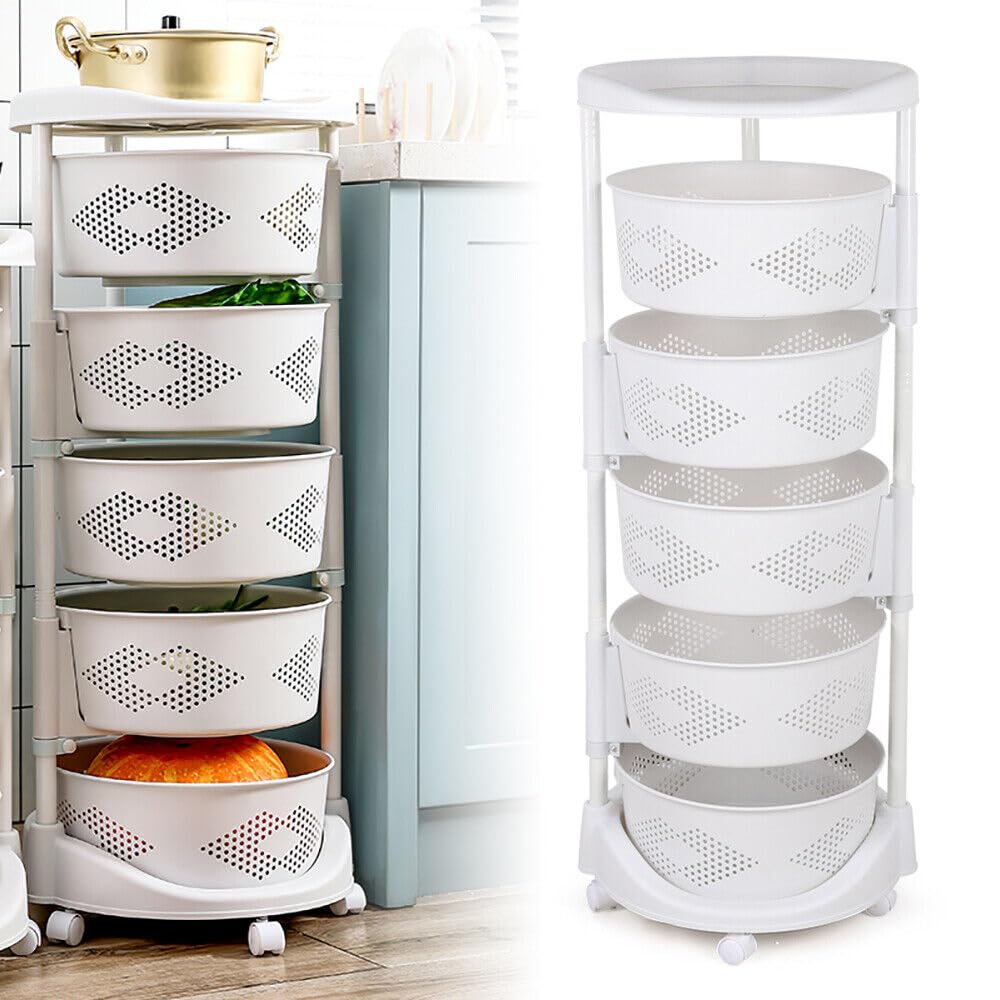 5 Tier Multi-Layer Kitchen Storage Rack, Rotating Storage Shelves Organizer,Floor Standing Storage Rack Basket Shelf Kitchen Storage Cart with Wheels Storage Basket for Living Room Kitchen (White)