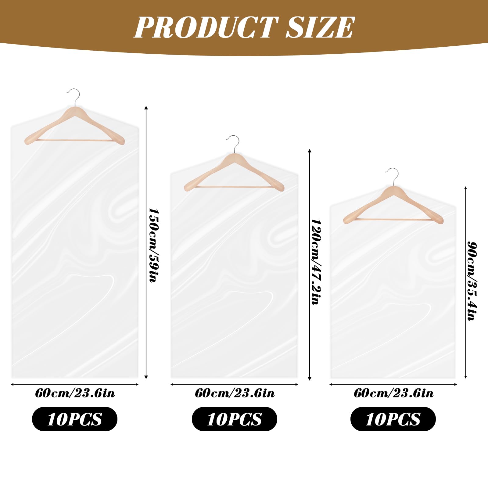 QBXMY7 Garment Bags, Pack of 30 Garment Bags, Transparent Hanging Garment Bags, Plastic Suit Bag, Dustproof Clothes Protector, Waterproof Garment Cover for Suits, Shirts, 60x90cm/60x150cm/60x120cm