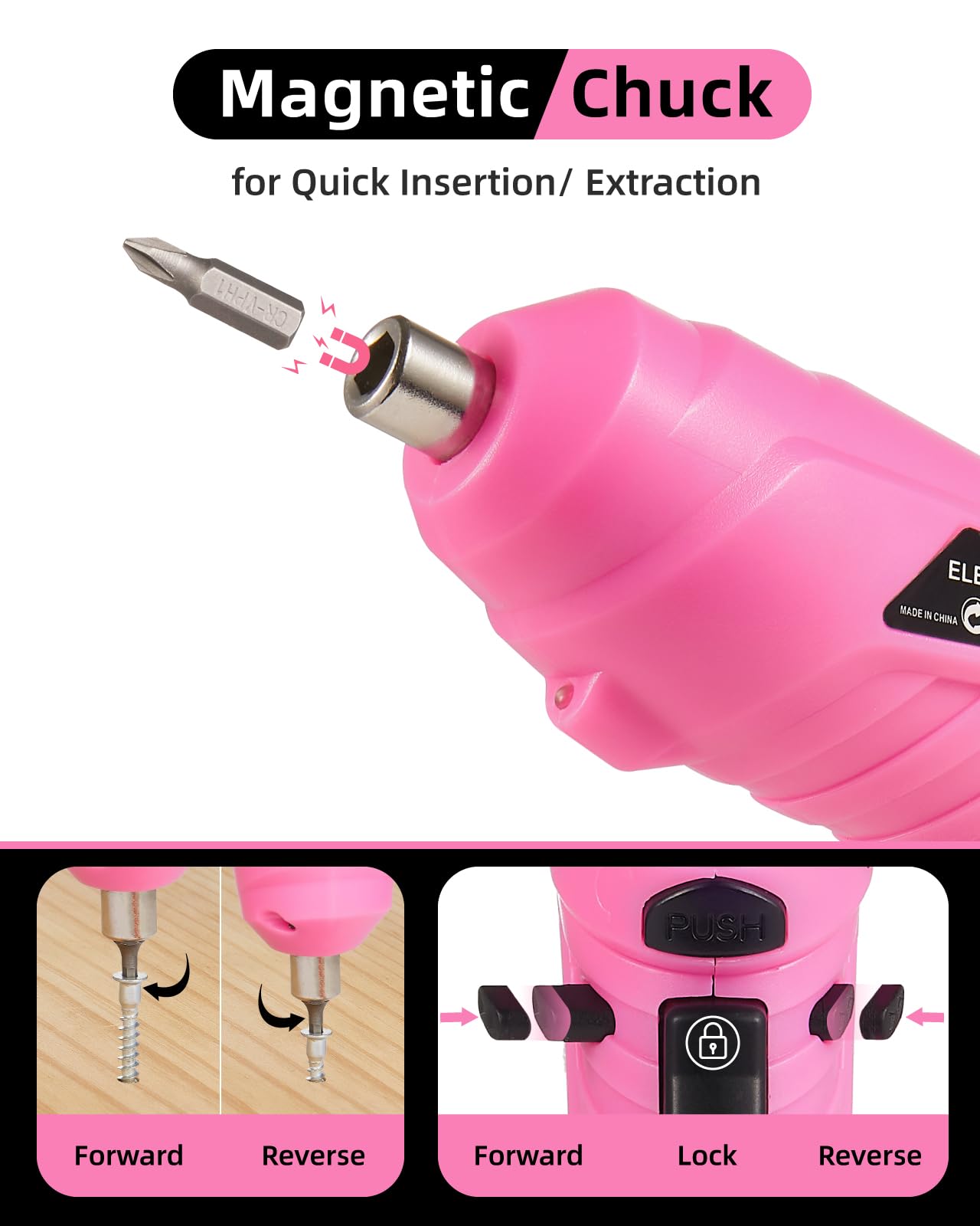 Durofort Pink Cordless Electric Screwdriver Set, 4.1V Rechargeable Small Electric Drill with 48pcs Driver Bit Set, Power 3Nm Screw Gun with 2 Position Handle, Flexible Shaft LED Light for Women