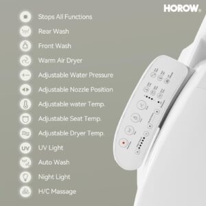 HOROW B0403 Elongated Bidet Toilet Seat, Soft Closing Adjustable Heated Seat fits for T0338W Toilet, Electronic Smart Seat with Warm Air Dryer and LED Night Light, White Side Arm Control