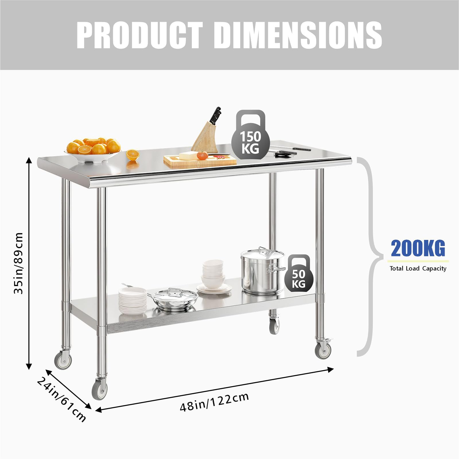 Food Prep Stainless Steel Table, Commercial Workbench with Caster Wheel, Heavy Duty Food Prep Worktable for Restaurant, Home and Hotel, Sliver (24" x 48" x 35")