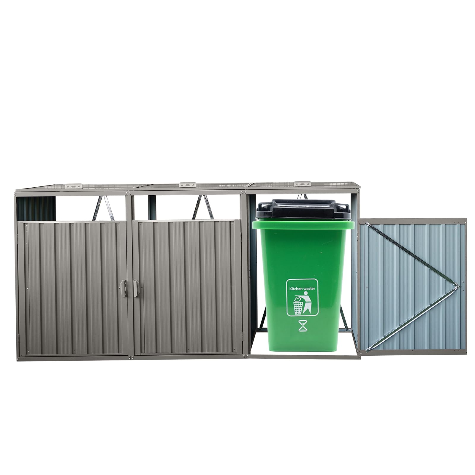 Garbage Bin Shed Stores 3 Trash Cans - Outdoor Metal Bin Storage for Garden, Yard, and Lawn - Stainless Galvanized Steel with Easy Access Lids and Doors - Bin Hider for Trash Can Organization