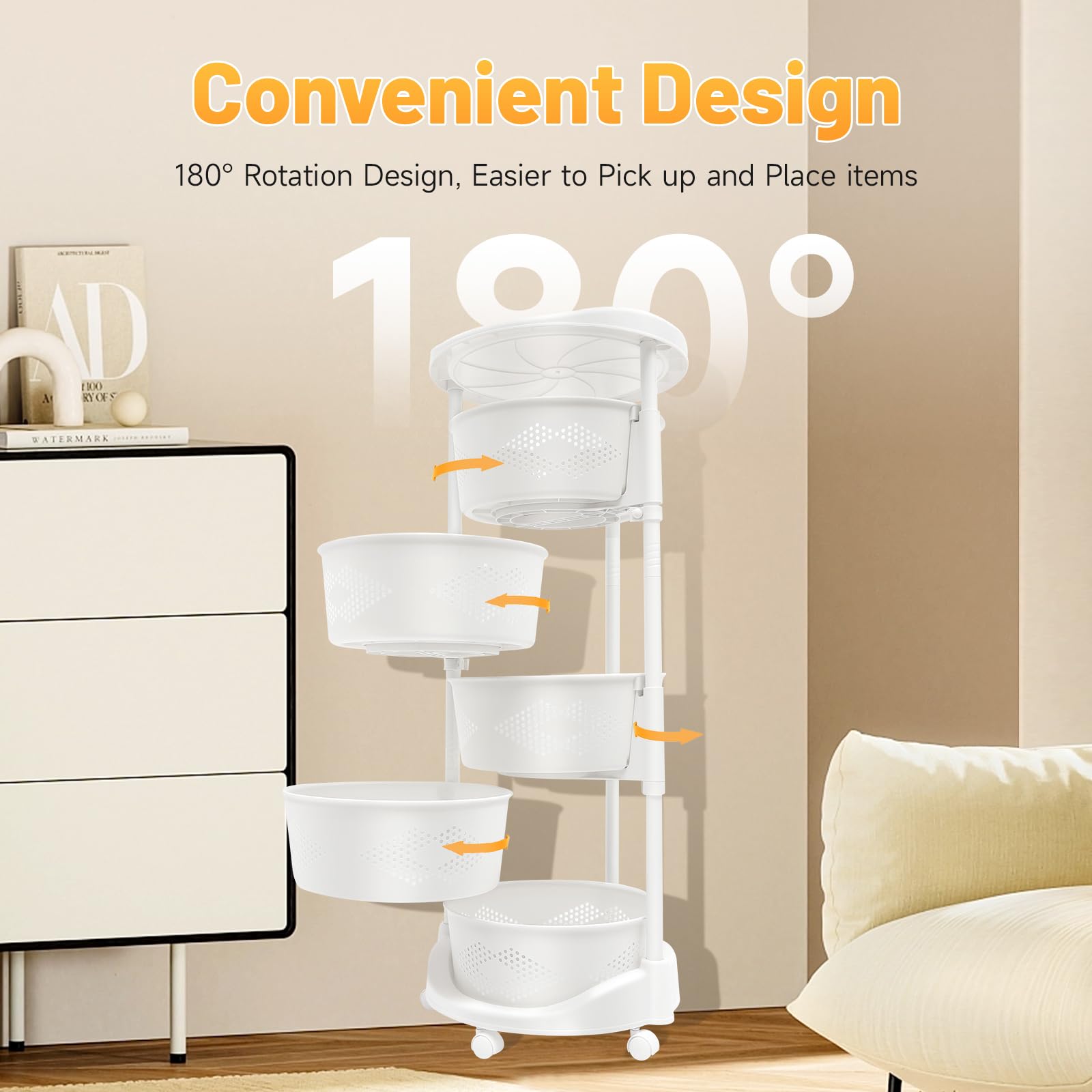 5 Tier Multi-Layer Kitchen Storage Rack, Rotating Storage Shelves Organizer,Floor Standing Storage Rack Basket Shelf Kitchen Storage Cart with Wheels Storage Basket for Living Room Kitchen (White)