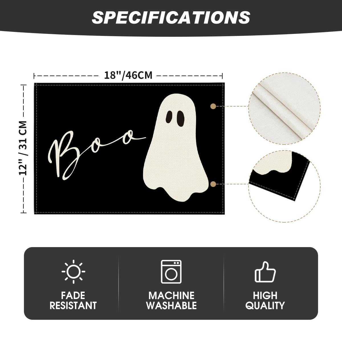 Artoid Mode Boo Ghost Halloween Placemats Set of 6, 12x18 Inch Seasonal Black Holiday Table Mats for Party Kitchen Dining Decoration