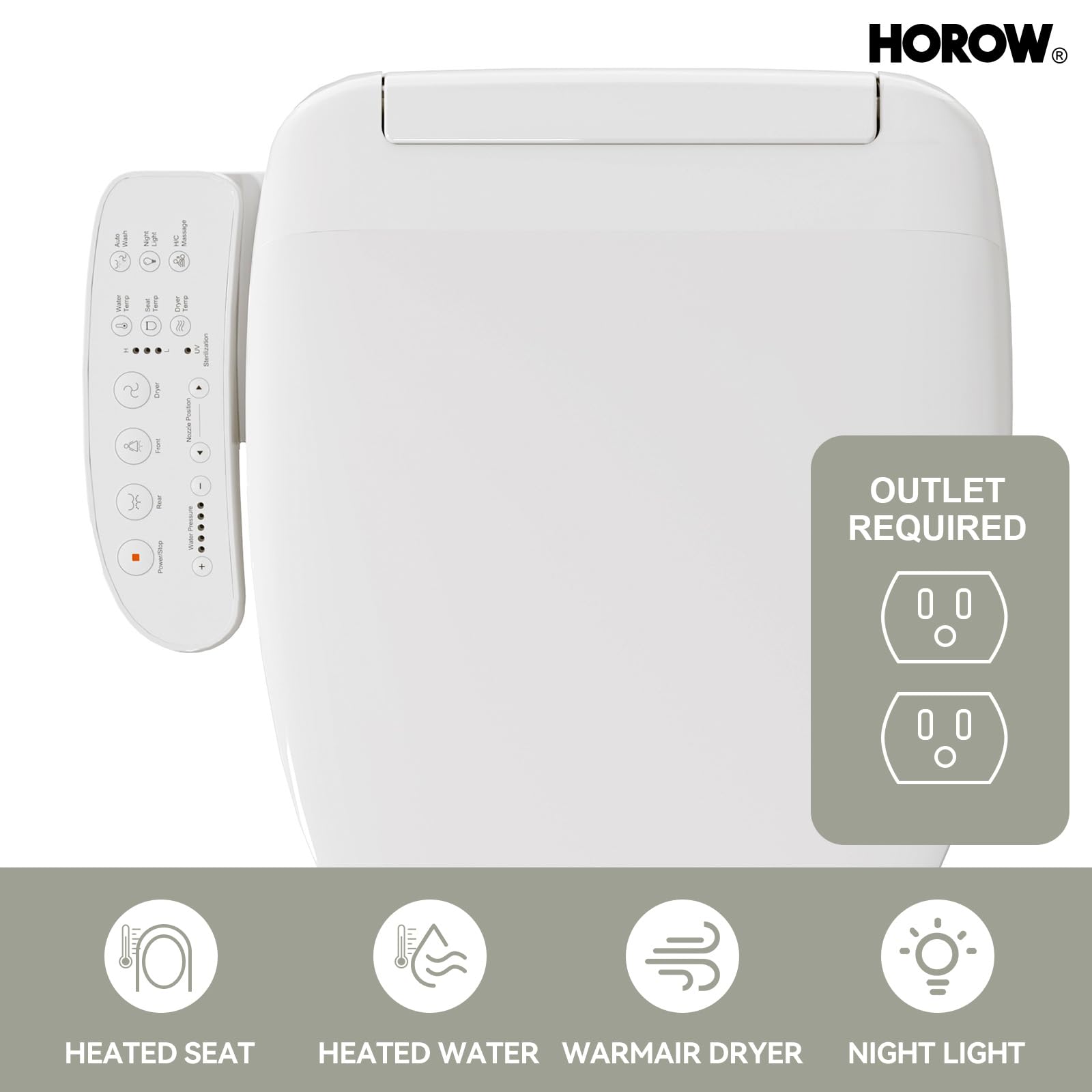 HOROW B0403 Elongated Bidet Toilet Seat, Soft Closing Adjustable Heated Seat fits for T0338W Toilet, Electronic Smart Seat with Warm Air Dryer and LED Night Light, White Side Arm Control