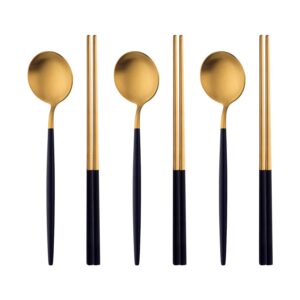 qobimoon reusable chopstick and spoon set,stainless steel korean spoons chopsticks,metal chopsticks spoons set of 3 dinnerware for home or restaurant,black gold