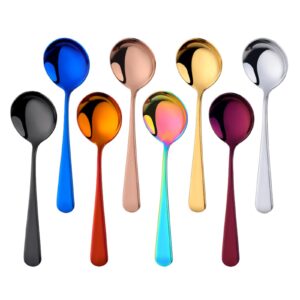 8 piece soup bouillon cereal spoon,qobimoon stainless steel soup spoons,6.2 inch round bouillon spoons,mixed colors