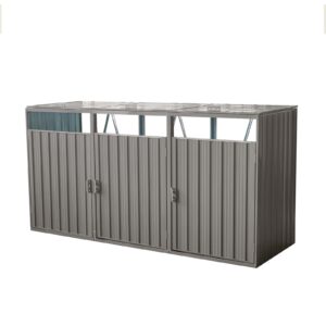 garbage bin shed stores 3 trash cans - outdoor metal bin storage for garden, yard, and lawn - stainless galvanized steel with easy access lids and doors - bin hider for trash can organization