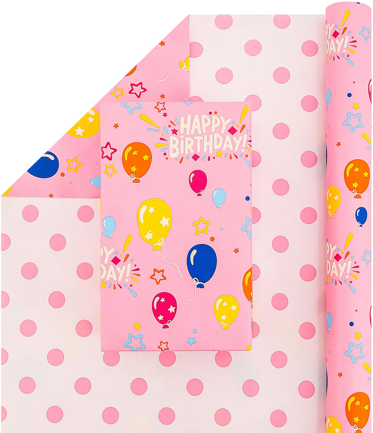 AUCLAY Reversible Birthday Wrapping Paper for Girls Kids Baby Shower - Cute Happy Birthday Lettering Balloon in Pink and Polka Dots Design - Gift Wrap Paper Roll, 17.7 Inch Wide