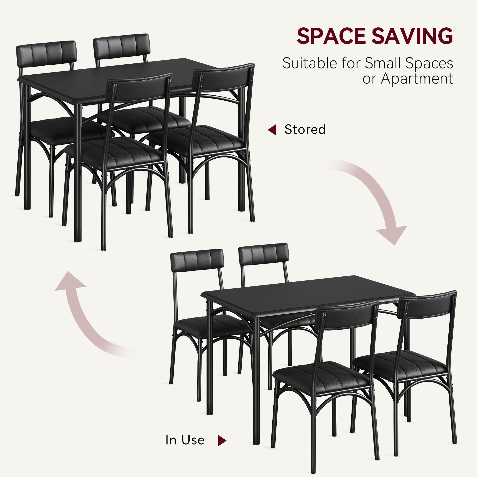 Amyove Kitchen Table and Chairs for 4, Dining Table Set for 4 with Upholstered Chairs, Rectangular Kitchen Table Set for Small Space, Apartment, Breakfast, Rustic Black