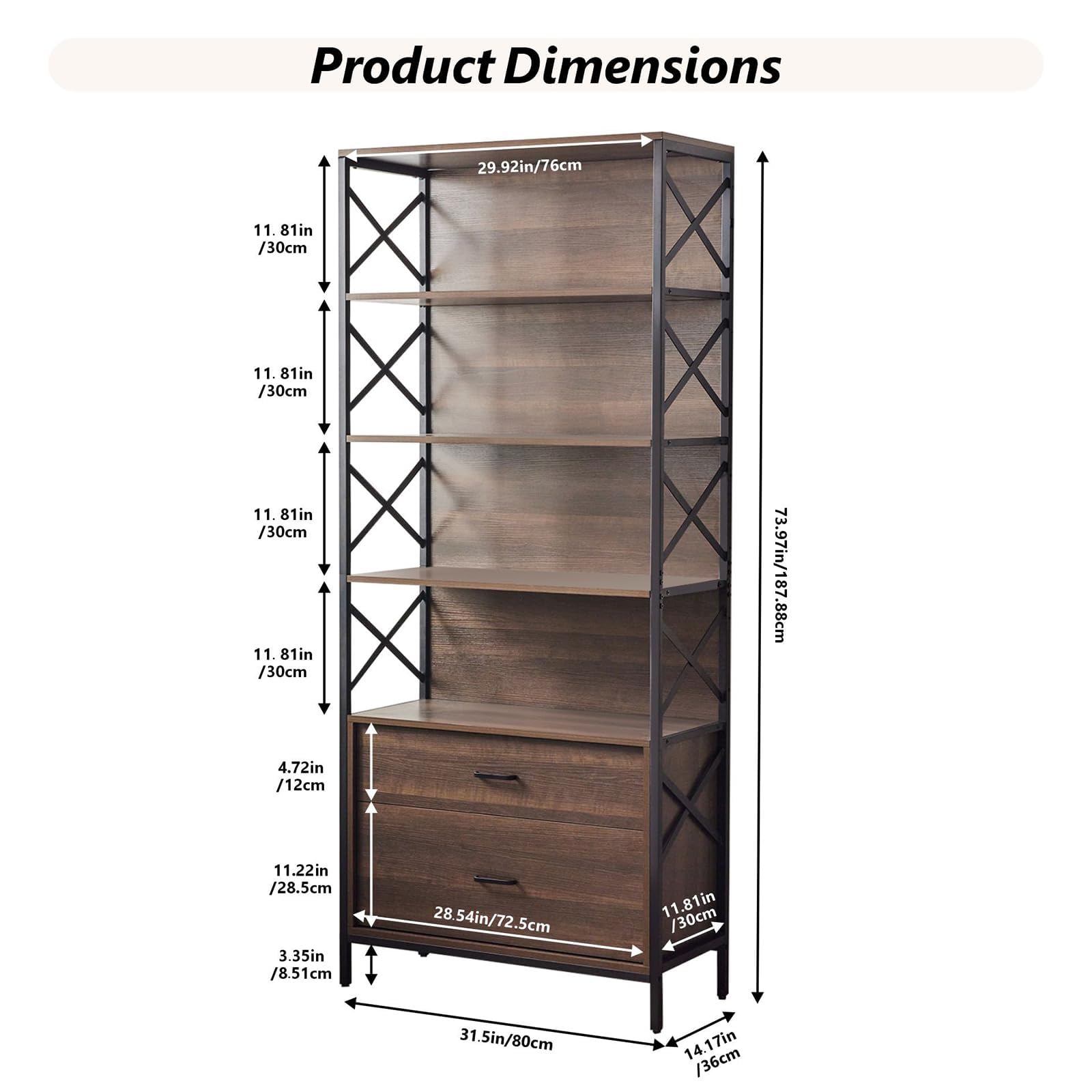 Redlife Bookshelf with Drawers, 4-Tier Industrial Bookcase, 74" Tall Bookcase, Rustic Bookshelves with Drawers, Wooden Farmhouse Bookshelf with Storage for Bedroom, Living Room