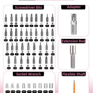 Durofort Pink Cordless Electric Screwdriver Set, 4.1V Rechargeable Small Electric Drill with 48pcs Driver Bit Set, Power 3Nm Screw Gun with 2 Position Handle, Flexible Shaft LED Light for Women