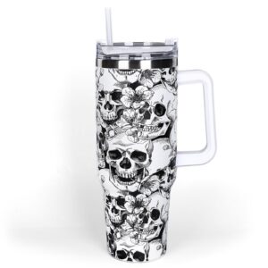 whaline 40oz halloween tumbler with straw and lid skull travel coffee tumbler cup with handle for trick or treat birthday party gifts