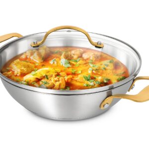 MICHELANGELO Stainless Steel Pan - 9.5 Inch Everyday Pan with Lid, 2.5 Quart Stainless Steel Kadai with Riveted Handle, All Cooktops Compatible, Oven & Dishwasher Safe