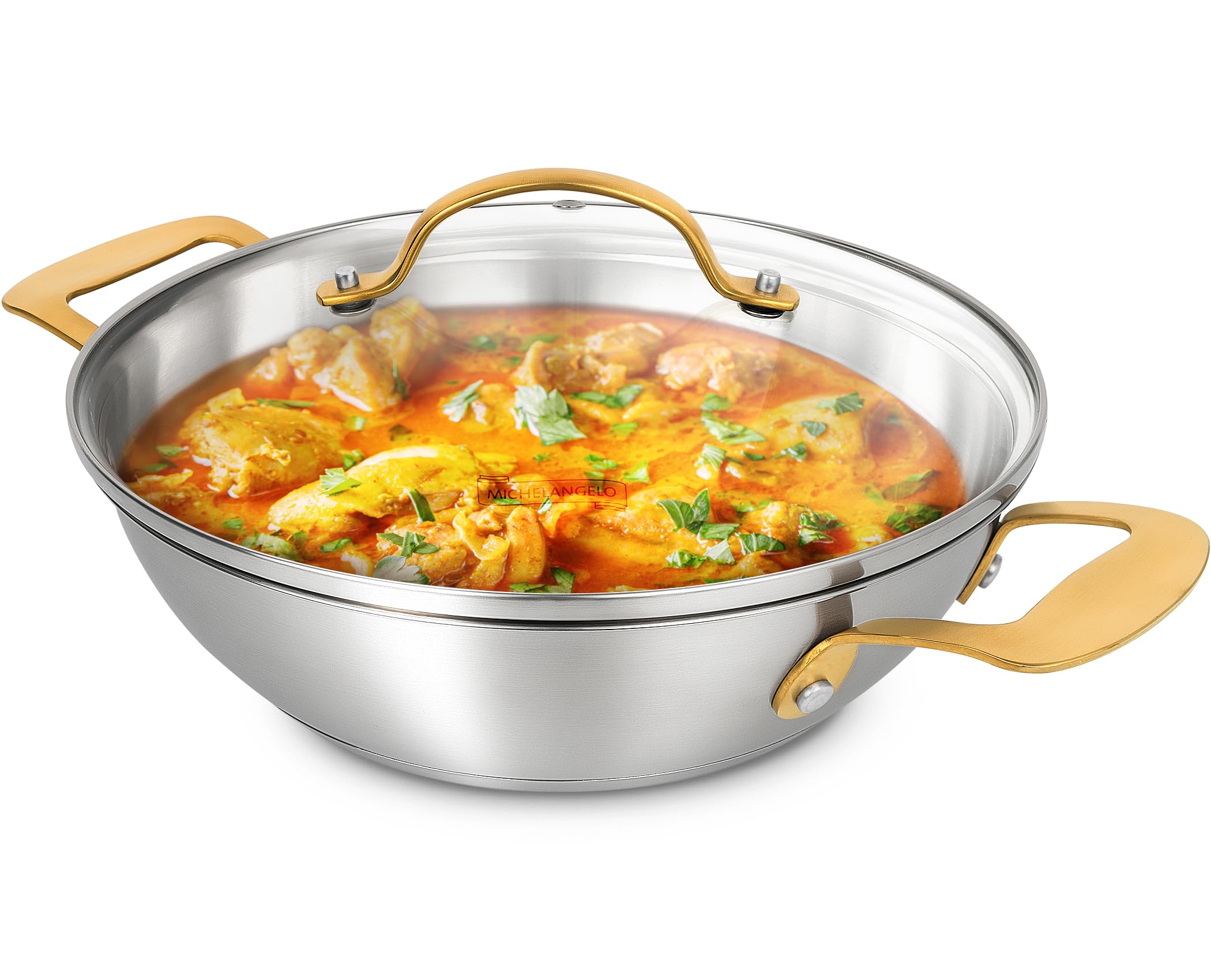 MICHELANGELO Stainless Steel Pan - 9.5 Inch Everyday Pan with Lid, 2.5 Quart Stainless Steel Kadai with Riveted Handle, All Cooktops Compatible, Oven & Dishwasher Safe