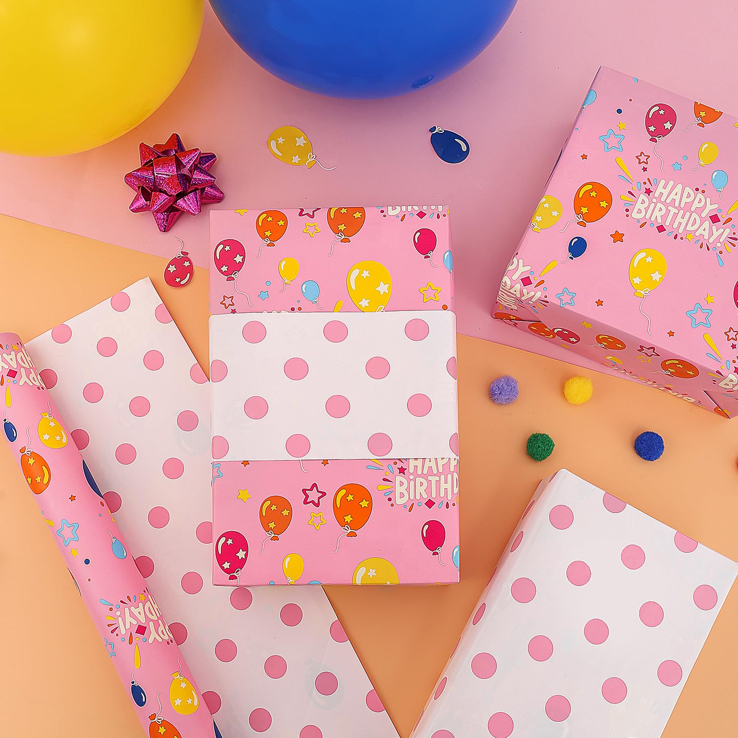 AUCLAY Reversible Birthday Wrapping Paper for Girls Kids Baby Shower - Cute Happy Birthday Lettering Balloon in Pink and Polka Dots Design - Gift Wrap Paper Roll, 17.7 Inch Wide