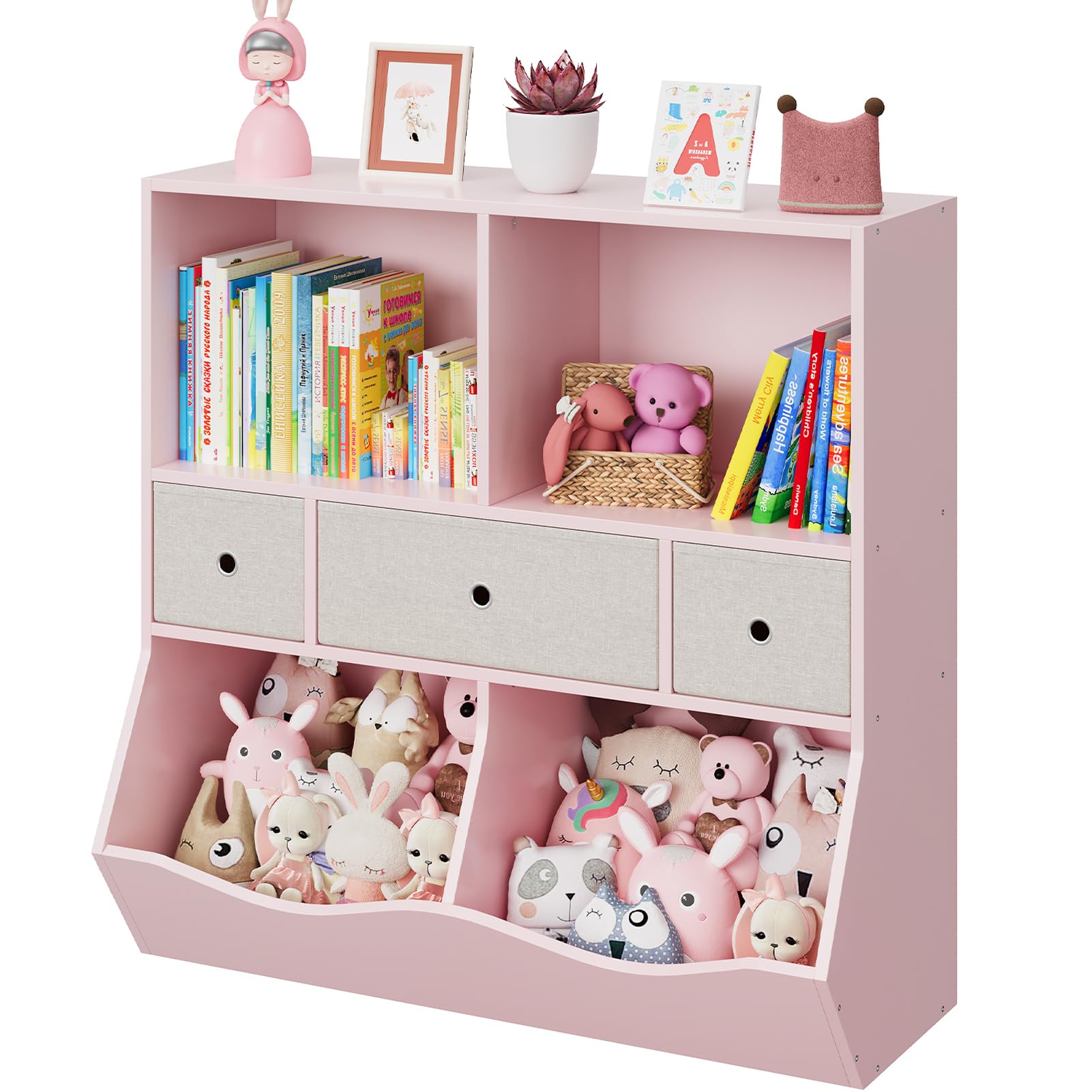 IDEALHOUSE Kids Toy Storage Organizer with 3 Movable Drawers, 3 Tier Children Bookcase and Bookshelf, 7 Cubby Toy Storage Cabinet, Toy Shelf for Playroom, Bedroom, Living Room, Nursery,Pink