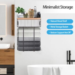 Wall Mounted Towel Racks for Bathroom, Natural Wood Shelf-Metal Basket Set, Black Bath Wall Towel Holder, Towel Storage Organizer for Small Bathroom, Tiered Vertical Storage Rack for RVs,Camper,Toilet