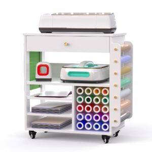 craft organization and storage rolling cart compatible with all cricut machines, craft table with 27 vinyl roll holders, craft cart with storage for craft room home