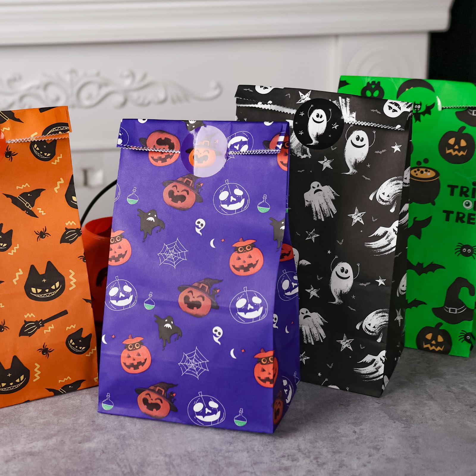 MCPINKY 54PCS Halloween Treat Bags, Candy Treat Bags Goodie Bags with Stickers Paper Gift Bags for Kids Party Favors Supplies