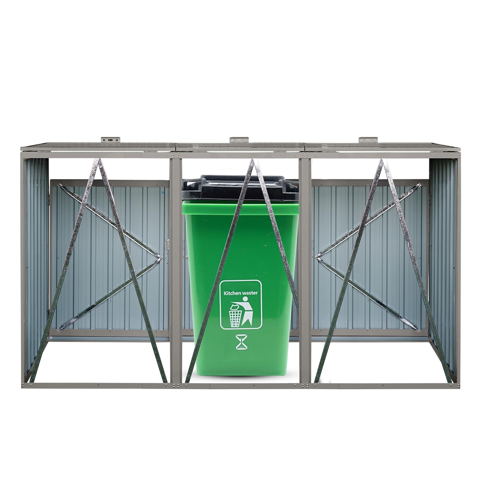 Garbage Bin Shed Stores 3 Trash Cans - Outdoor Metal Bin Storage for Garden, Yard, and Lawn - Stainless Galvanized Steel with Easy Access Lids and Doors - Bin Hider for Trash Can Organization