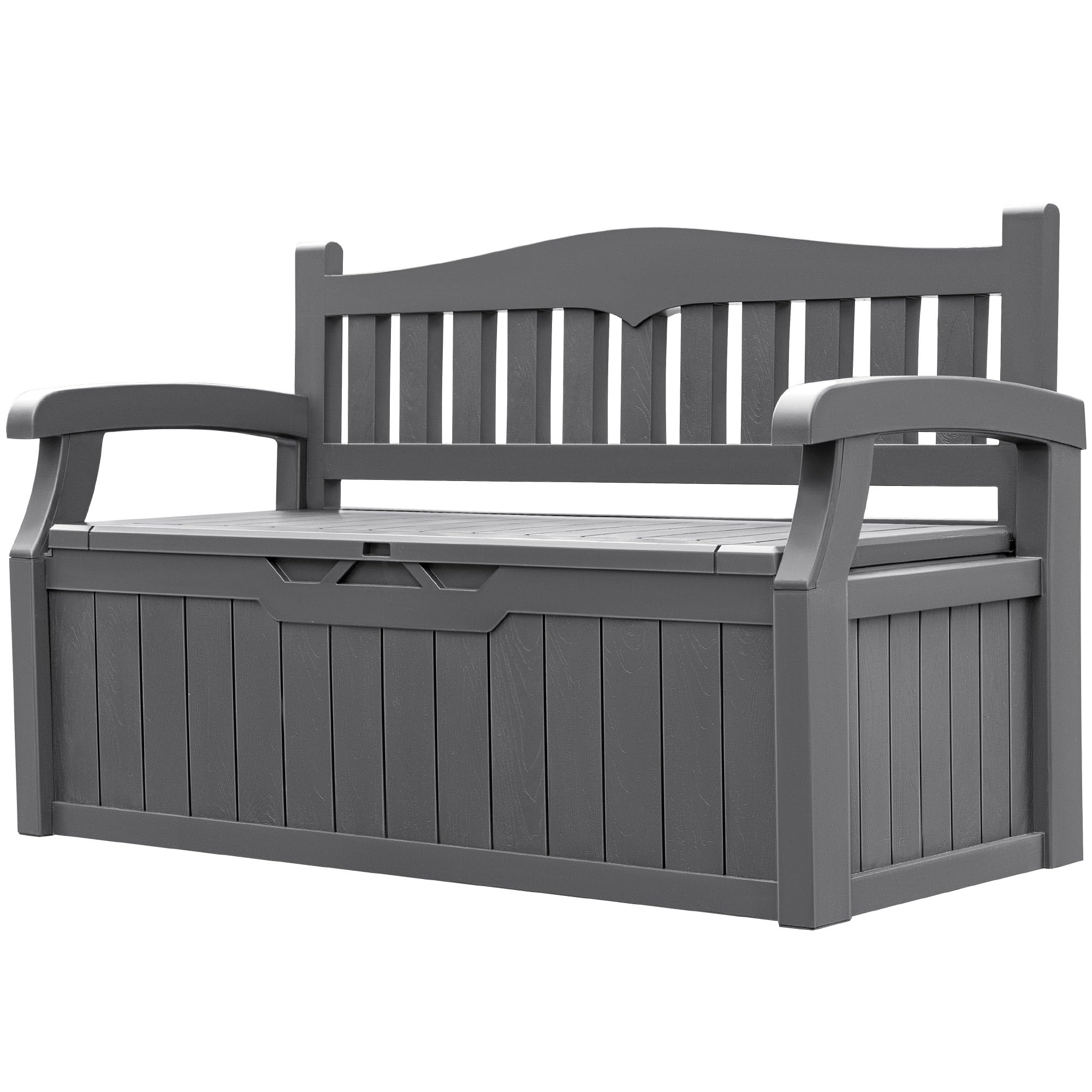 Greesum 70 Gallon Outdoor Storage Bench, Resin Patio Furniture with Armrest,Waterproof and Durable, Perfect to Garden, Poolside and Lawn,Grey