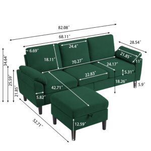 Soscana Sectional Sofa,82" L Shaped 3 Seater Couch with Movable Ottoman Armrest Pillow Polyster Fabre for Small Spaces, Green