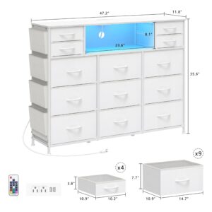 Simoretus Dresser with Charging Station and LED Light Wide Dresser with 13 Fabric Drawers for Bedroom Side Pockets Chest of Drawers Open Shelf Storage Organizer for Living Room (White)