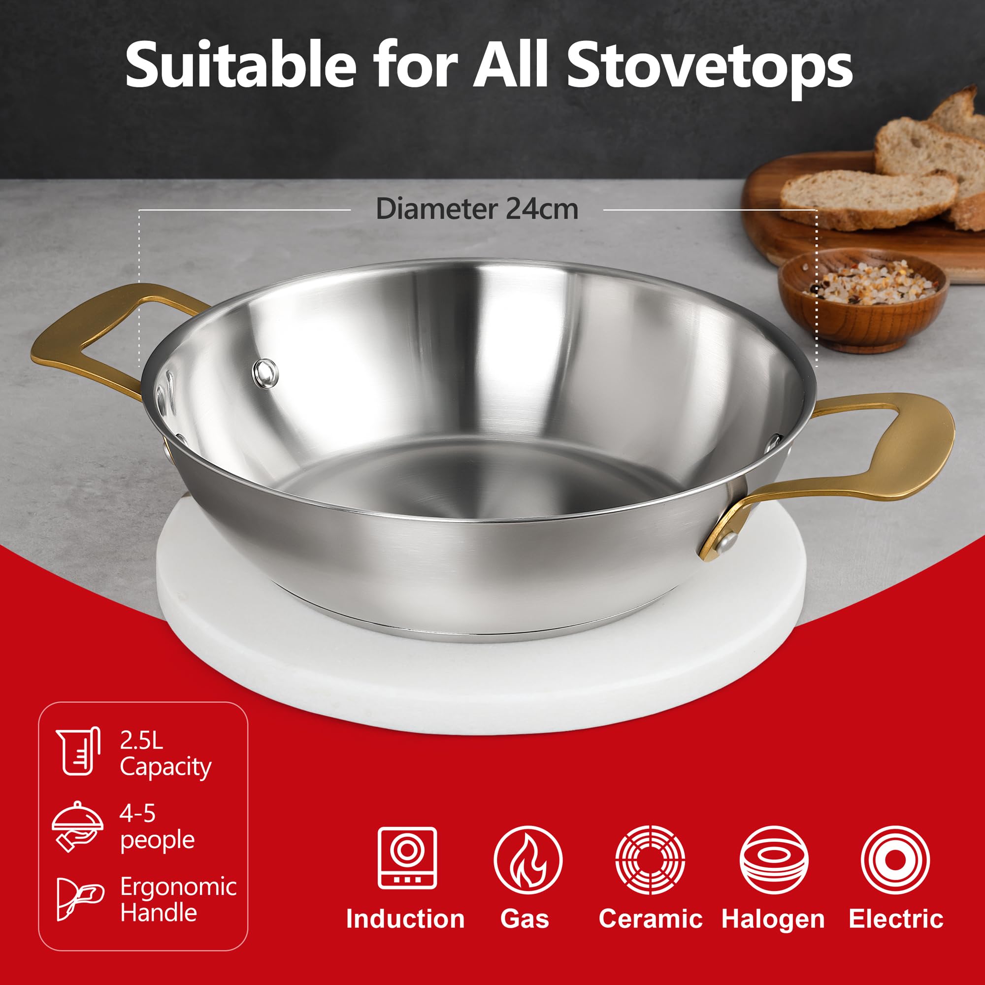 MICHELANGELO Stainless Steel Pan - 9.5 Inch Everyday Pan with Lid, 2.5 Quart Stainless Steel Kadai with Riveted Handle, All Cooktops Compatible, Oven & Dishwasher Safe