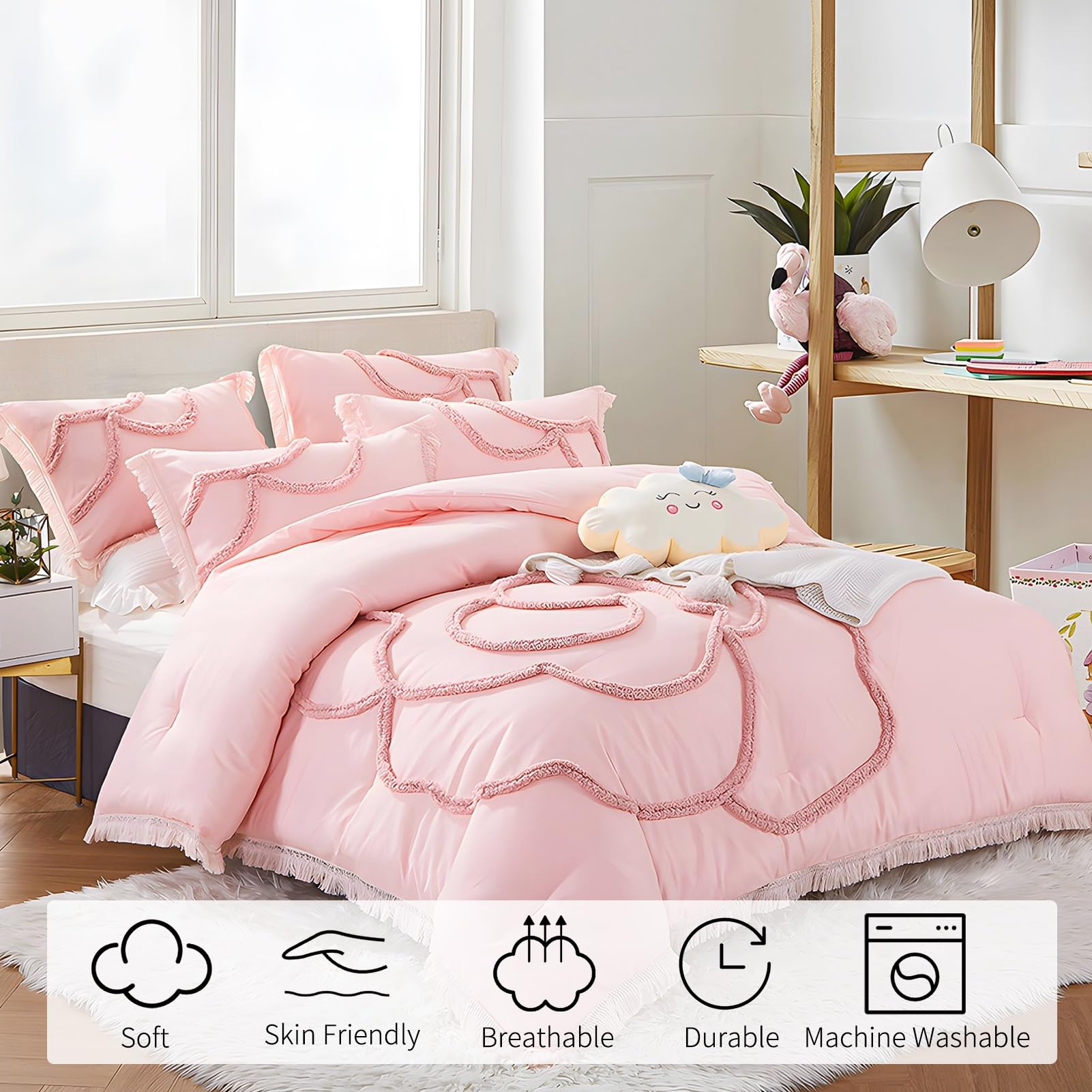 Rvciby Boho Flower Duvet Cover Queen Size Girl,Soft Microfiber Bedding Set with Tassel and Tufted Pattern,3 Pieces,1 Duvet Cover with Zipper Closure &Corner Ties and 2 Pillow Shams,90X90 Inches (Pink)