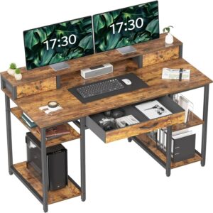 treesland 47" computer desk with monitor shelf, multifunctional dual tiers office desk, sturdy home office gaming desk, brown