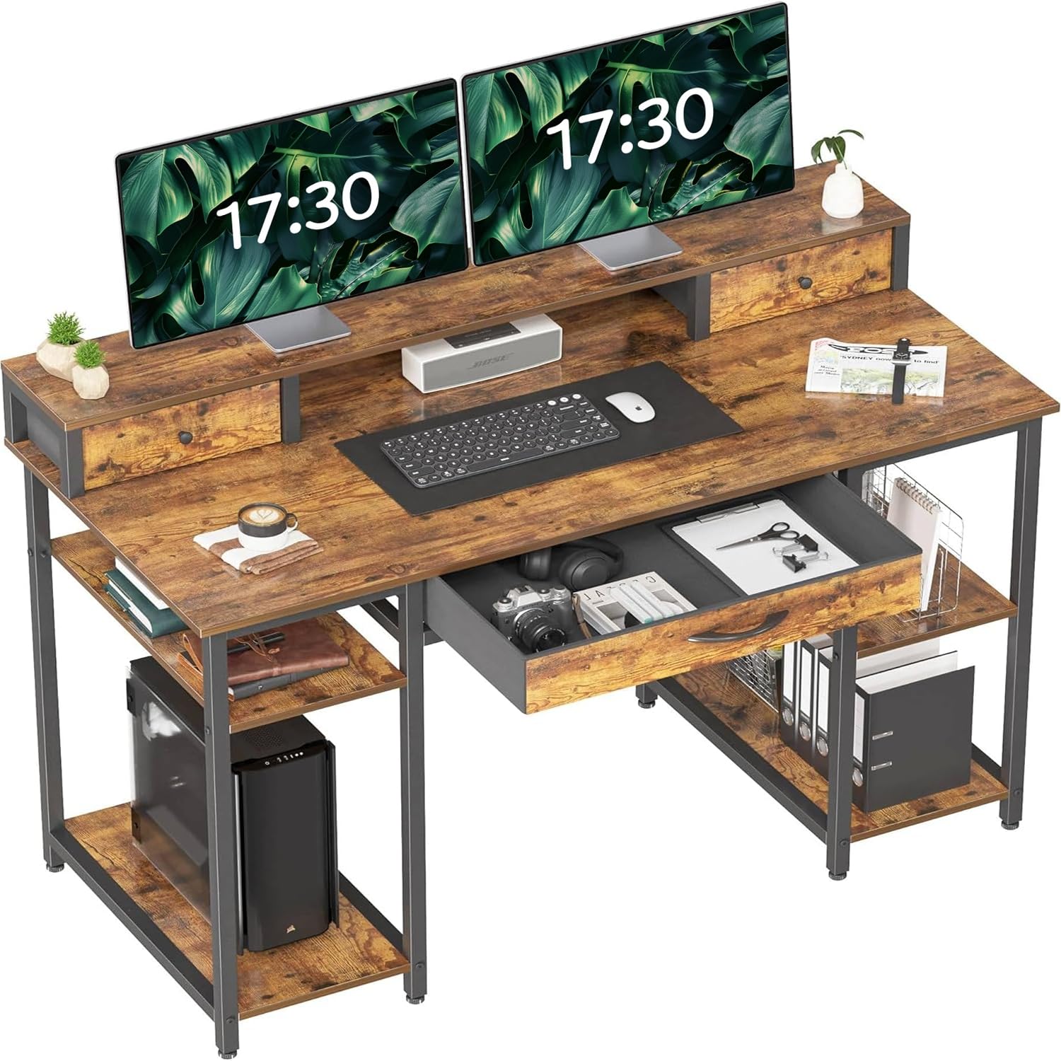 Treesland 47" Computer Desk with Monitor Shelf, Multifunctional Dual Tiers Office Desk, Sturdy Home Office Gaming Desk, Brown