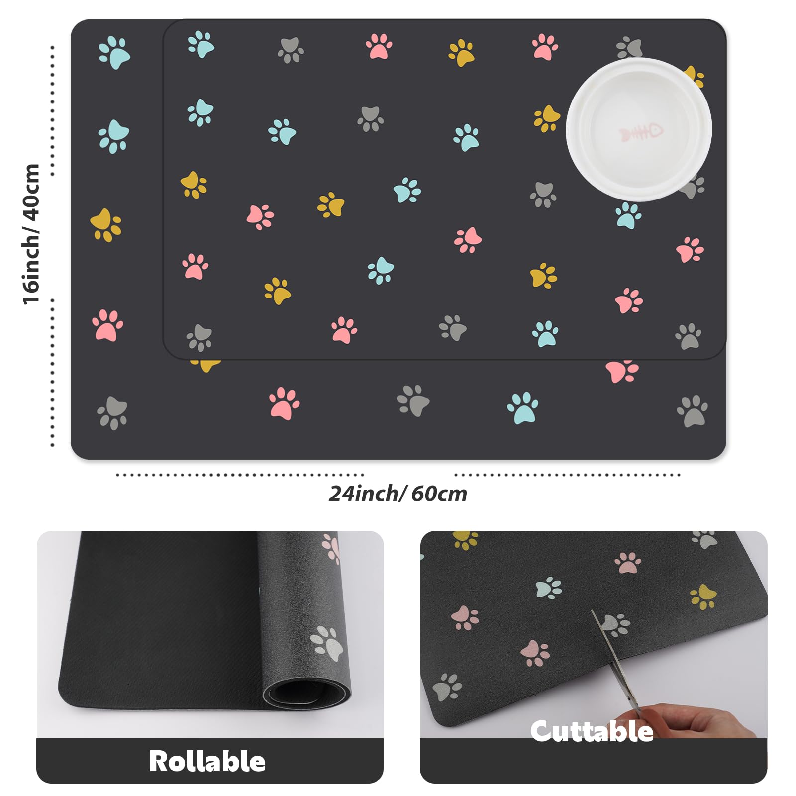 Yetstock Absorbent Pet Feeding Mat for Food and Water No Stains Quick Dry Mat for Dog Cat Bowl, Dark Paw Large16x24 Inches