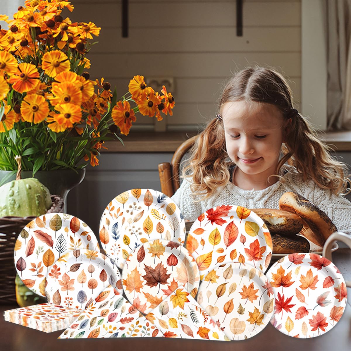 60Pcs Fall Plates and Napkins-Autumn Party Supplies Little Pumpkin Maple Leaf Dinnerware Kit for Thanksgiving,Birthday,Baby Shower