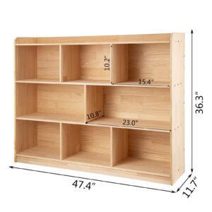 ZBPRESS 8-Compartment Solid Wood Storage Cabinet, Classroom Bookshelf, Classroom Cubbies, 3-Tier Open Wooden Bookshelf for Kids, Kids Toy Storage Organizer