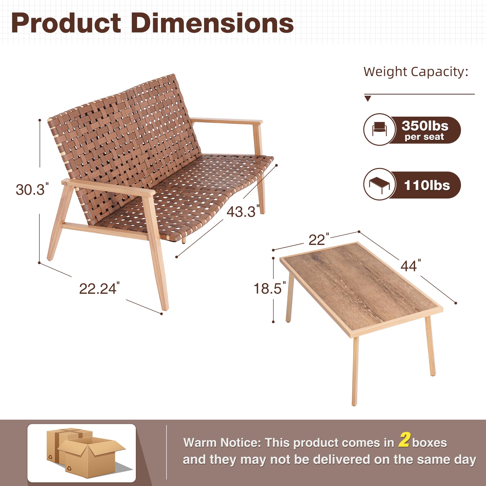 COMLAX FIELD 2 Piece Patio Furniture Set, Leather-Look Patio Loveseat, Outdoor Furniture Set with Coffee Table for Balcony Backyard Park Garden