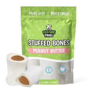 pasture paws stuffed shin bones for dogs | peanut butter filled dog bones for large, medium and small breeds | highly irresistible puppy chew bones | 2” to 3" all natural dog bones | pack of 6