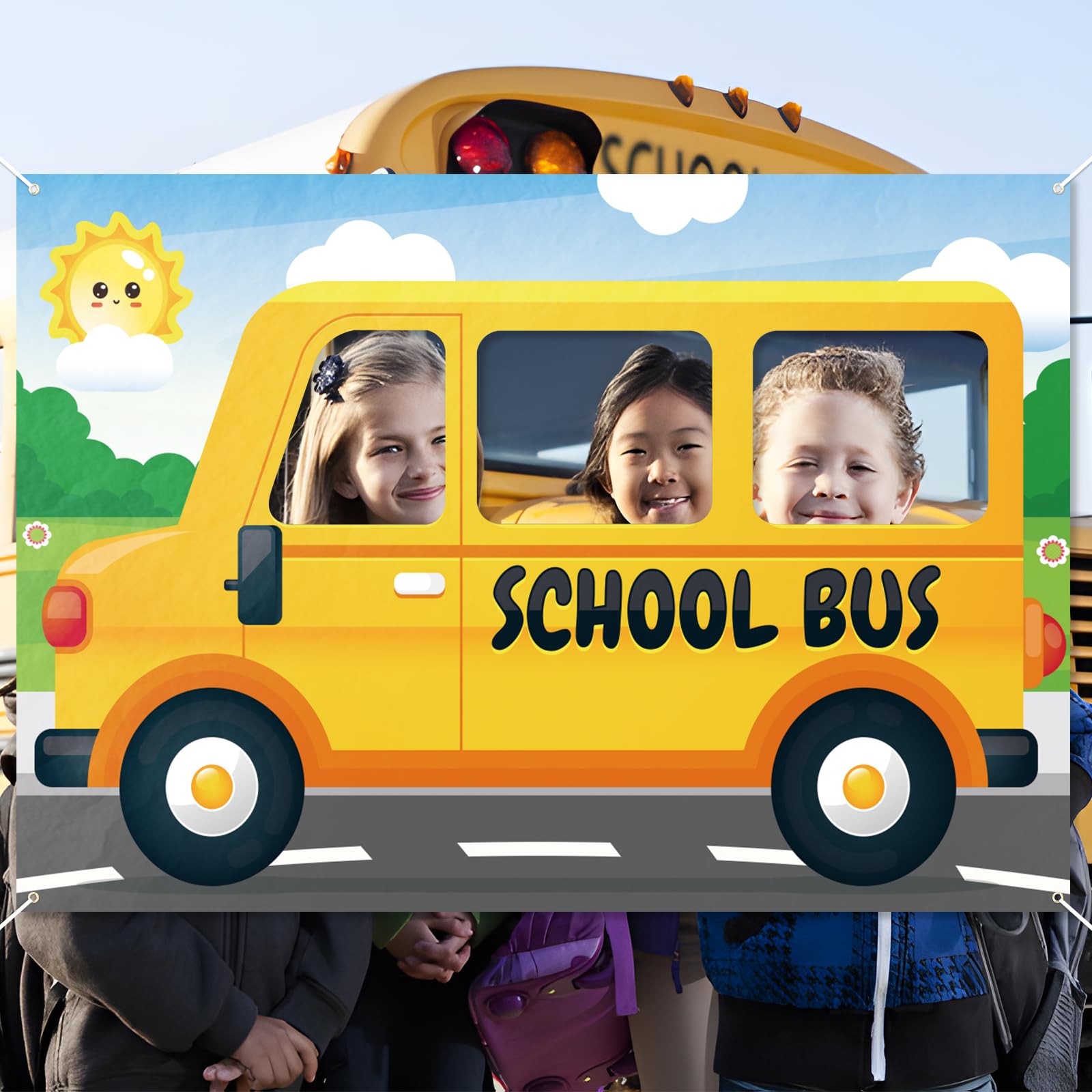 School Bus Photo Prop Selfie Frame Fabric Back to School First Day of School Background Banner Birthday Party Supplies The Bus Party Sign Decor, 59 x 41in