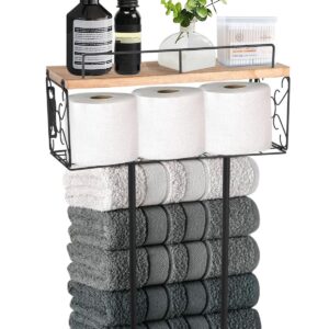 Wall Mounted Towel Racks for Bathroom, Natural Wood Shelf-Metal Basket Set, Black Bath Wall Towel Holder, Towel Storage Organizer for Small Bathroom, Tiered Vertical Storage Rack for RVs,Camper,Toilet