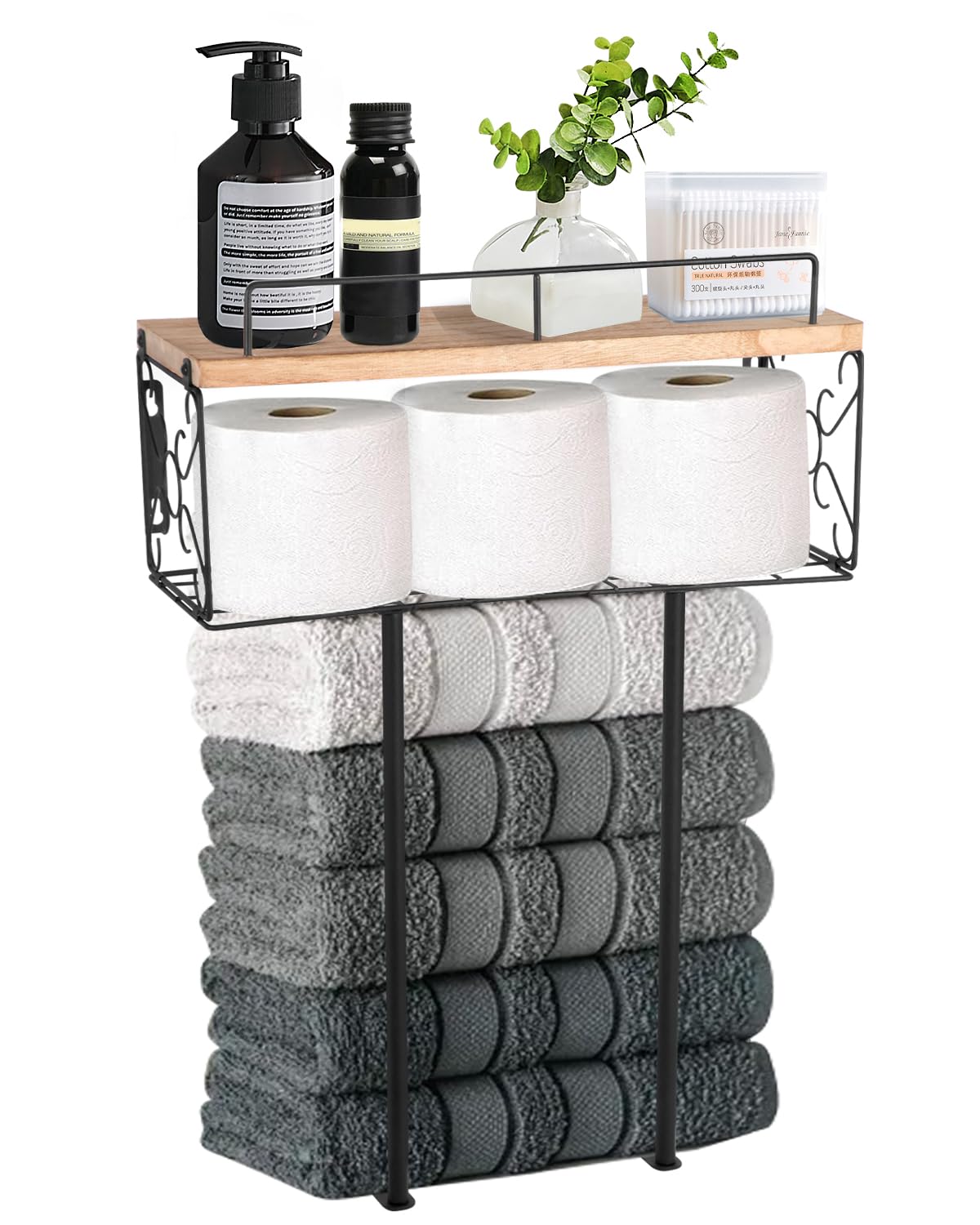 Wall Mounted Towel Racks for Bathroom, Natural Wood Shelf-Metal Basket Set, Black Bath Wall Towel Holder, Towel Storage Organizer for Small Bathroom, Tiered Vertical Storage Rack for RVs,Camper,Toilet