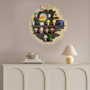 FNYDOX Large 17.7" LED Wooden Circle Floating Shelves for Wall, Figures Minifigures Figurine Display Shelf Wall Mount, Wood Wall Hanging Shelf for Collection Collectibles, for Bedroom Living Room