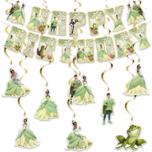 princess frog birthday decorations,princess party decorations banner and hanging swirls party supplies,boys and girls happy birthday banners decor