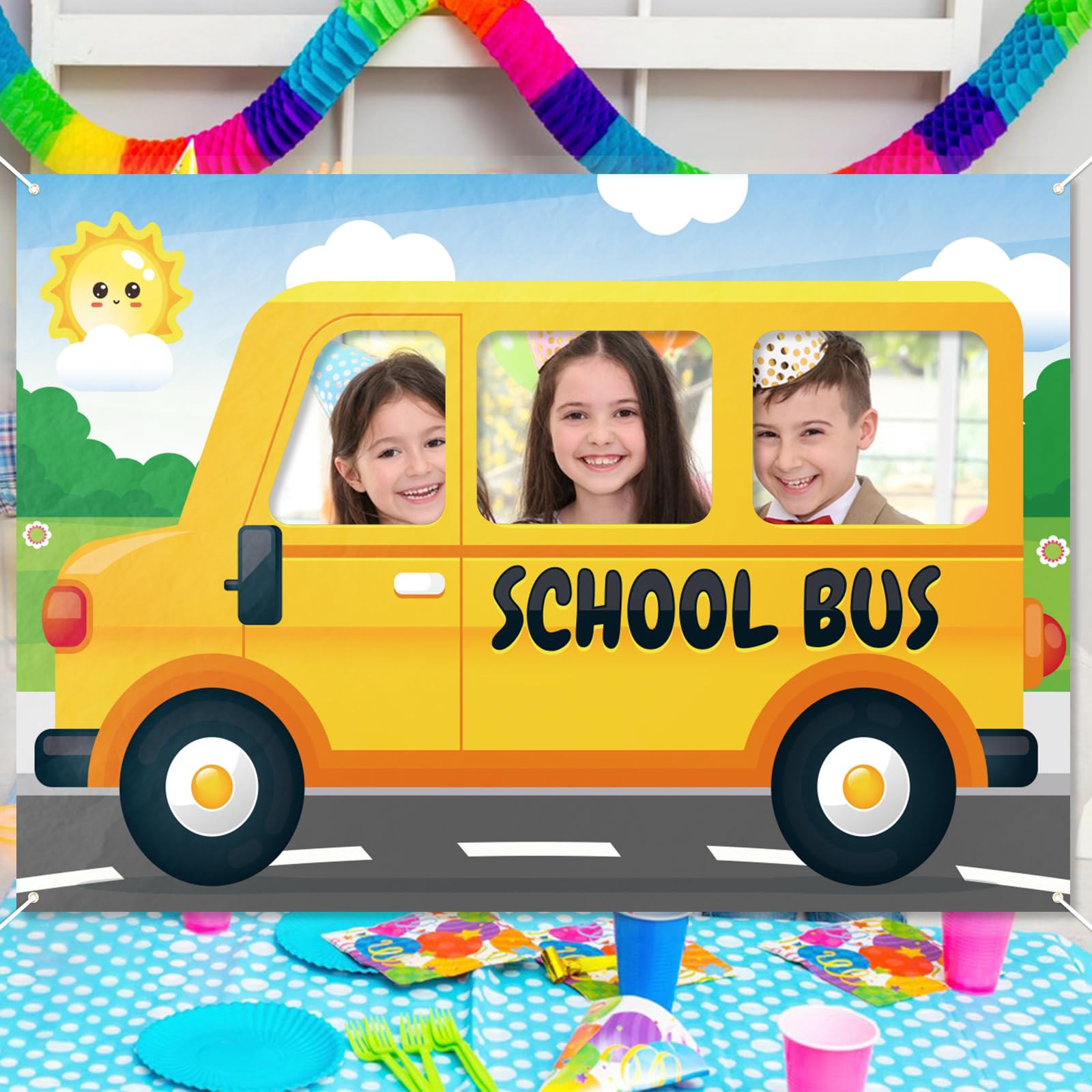 School Bus Photo Prop Selfie Frame Fabric Back to School First Day of School Background Banner Birthday Party Supplies The Bus Party Sign Decor, 59 x 41in