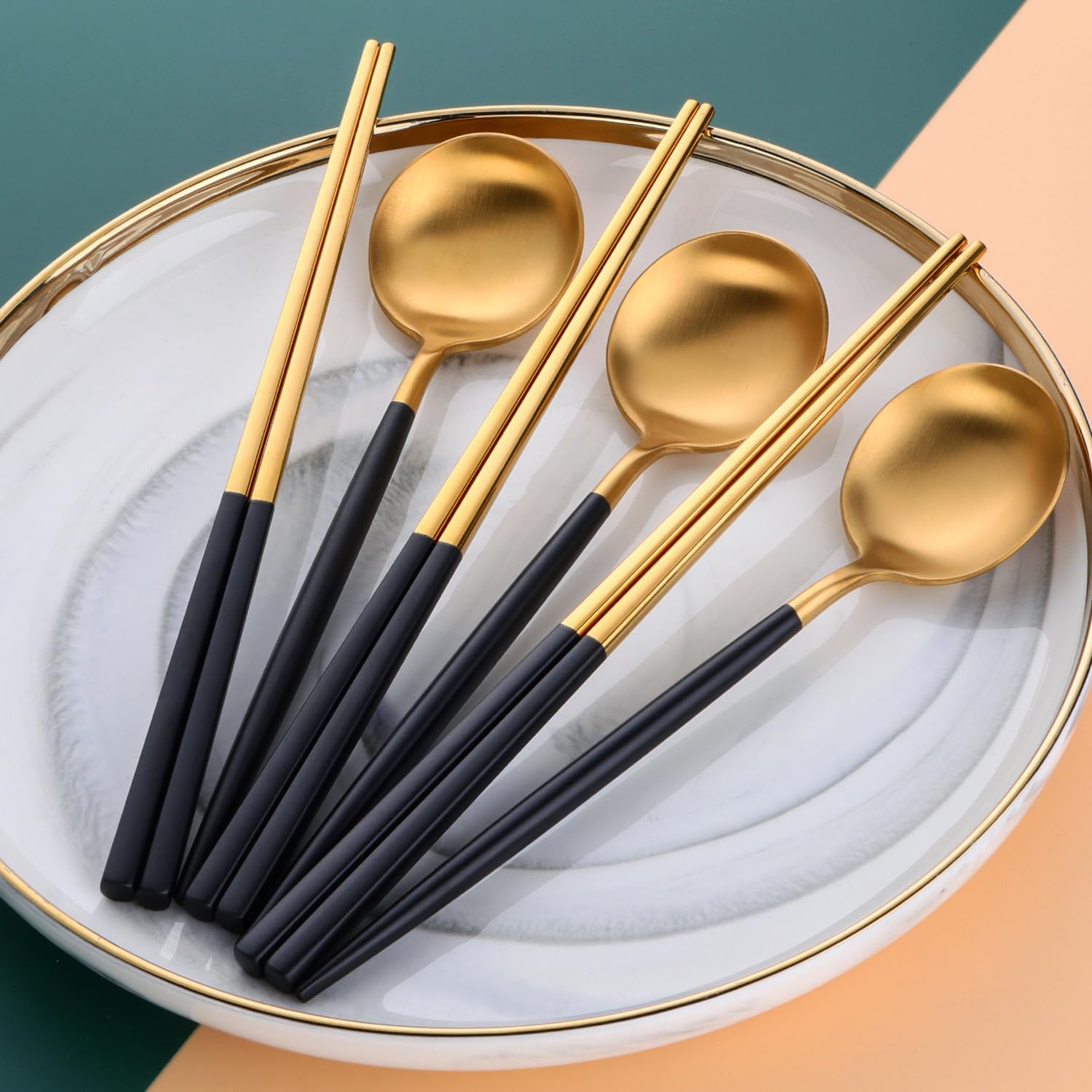 QOBIMOON Reusable Chopstick and Spoon Set,Stainless Steel Korean Spoons Chopsticks,Metal Chopsticks Spoons Set of 3 Dinnerware For Home or Restaurant,Black Gold