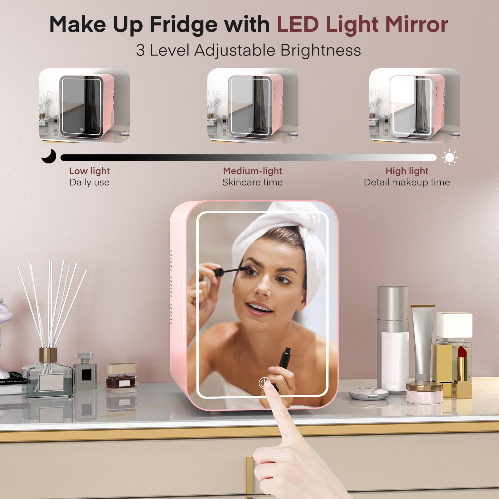 Skincare Makeup Fridge With Dimmable LED Light Mirror, 4L Portable Makeup Mini Fridge Cooler and Warmer for Bedroom, Car, Dorm, Office, Small Beauty Refrigerator for Cosmetics, Skin Care