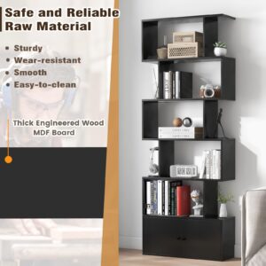 Giantex 6-Tier Bookshelf with Cabinet, Freestanding Tall Bookcase w/Anti-Tipping Device, Home Storage Organizer, Geometric S-Shaped Display Shelf for Study Room, Bedroom, Living Room, Office, Black